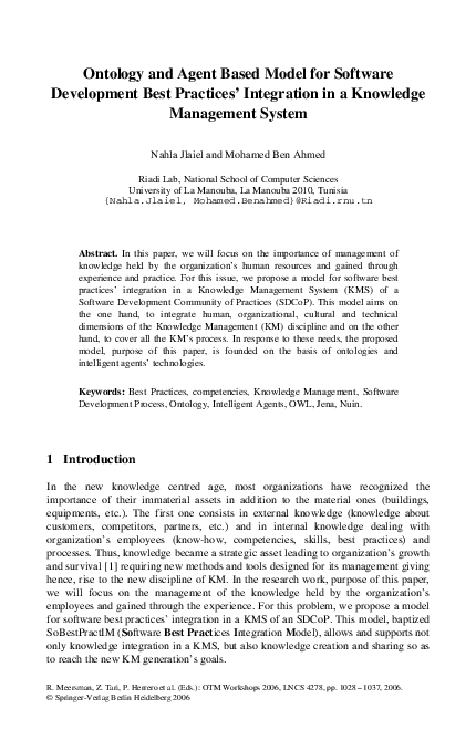 (PDF) Ontology and Agent Based Model for Software Development Best Practices' Integration in a ...