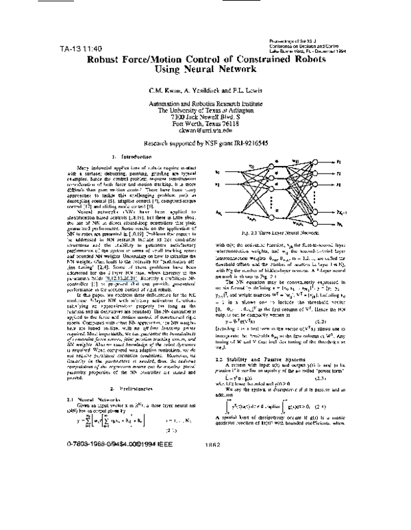(PDF) Robust force/motion control of constrained robots using neural network | Aydin Yesildirek ...