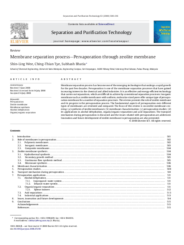 (PDF) Membrane separation process—Pervaporation through zeolite membrane
