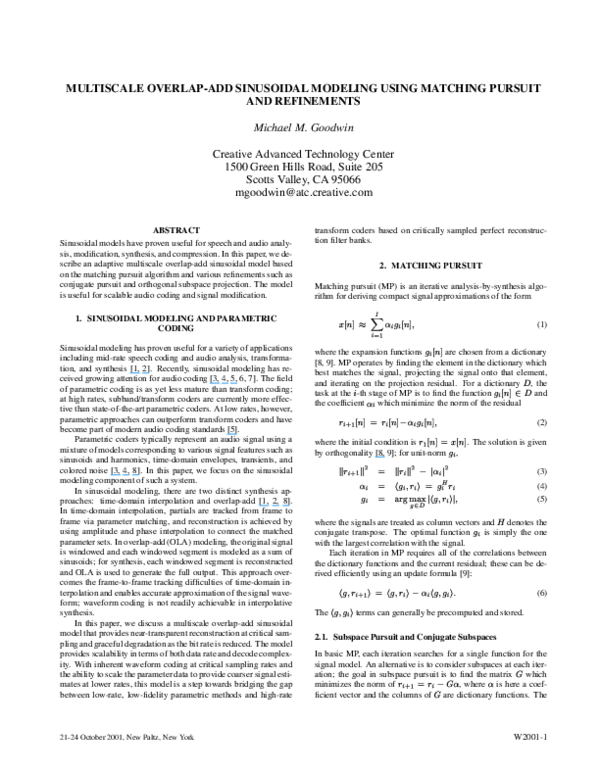 Pdf Multiscale Overlap Add Sinusoidal Modeling Using Matching Pursuit