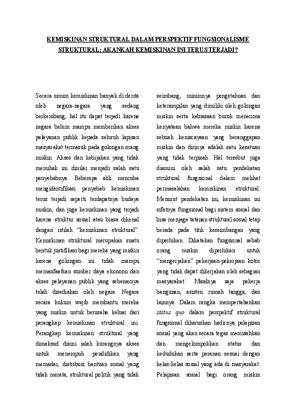 (PDF) KEMISKINAN STRUKTURAL DALAM PERSPEKTIF FUNGSIONALISME