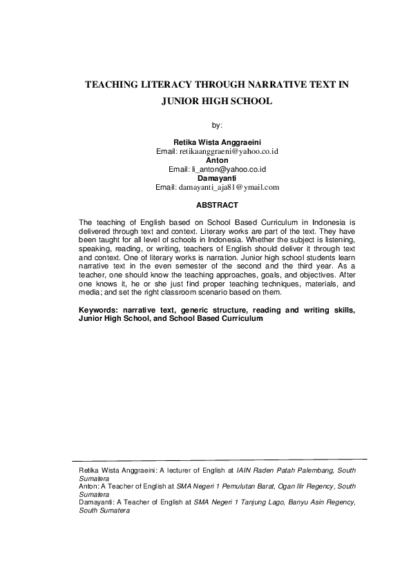 (PDF) TEACHING LITERACY THROUGH NARRATIVE TEXT IN JUNIOR HIGH SCHOOL ...