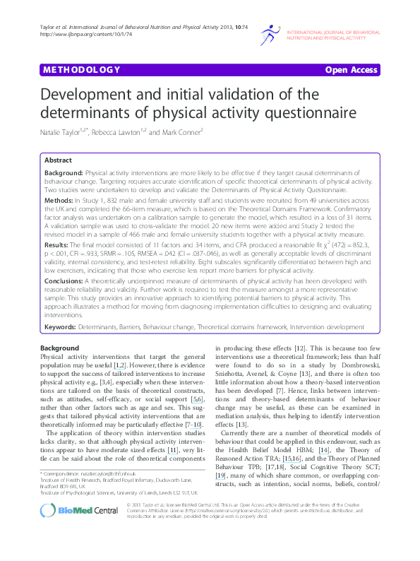 (PDF) Development and initial validation of the determinants of physical activity questionnaire