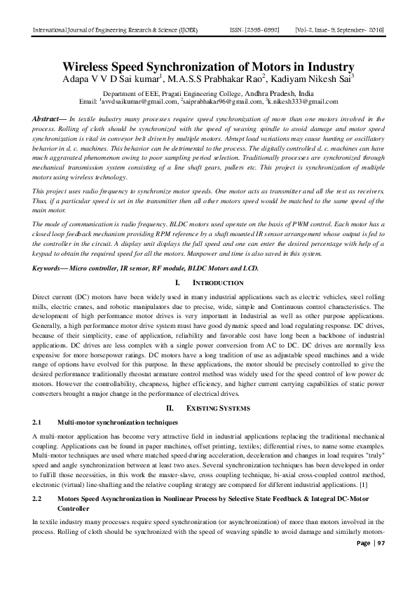 (PDF) Wireless Speed Synchronization of Motors in Industry