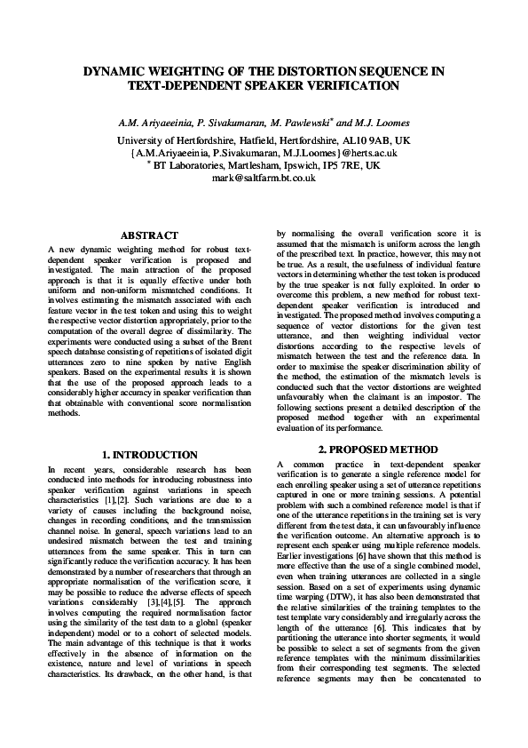 Pdf Dynamic Weighting Of The Distortion Sequence In Text Dependent Speaker Verification