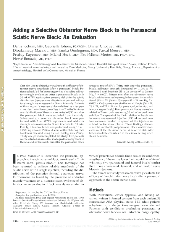 (PDF) Adding a Selective Obturator Nerve Block to the Parasacral ...