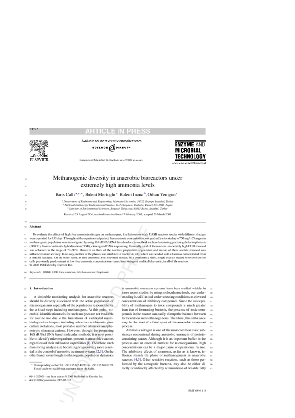 (PDF) Methanogenic diversity in anaerobic bioreactors under extremely high ammonia levels
