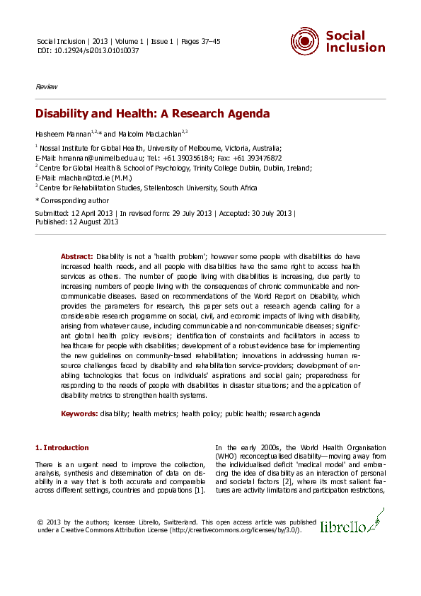 (PDF) Disability and Health: A Research Agenda