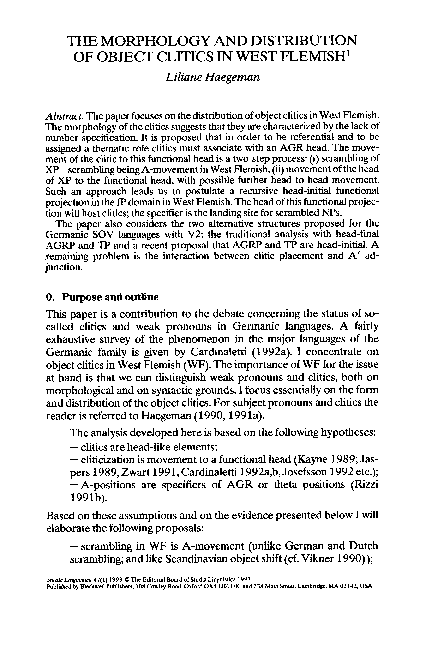 (PDF) THE MORPHOLOGY AND DISTRIBUTION OF OBJECT CLITICS IN WEST FLEMISH