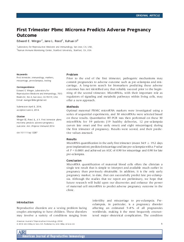 (PDF) First Trimester Pbmc Microrna Predicts Adverse Pregnancy Outcome