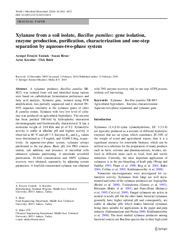 (PDF) Xylanase from a soil isolate, Bacillus pumilus : gene isolation, enzyme production ...