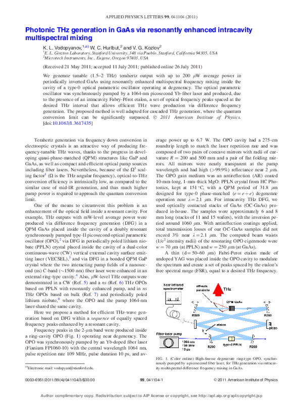 (PDF) Photonic THz generation in GaAs via resonantly enhanced intracavity multispectral mixing