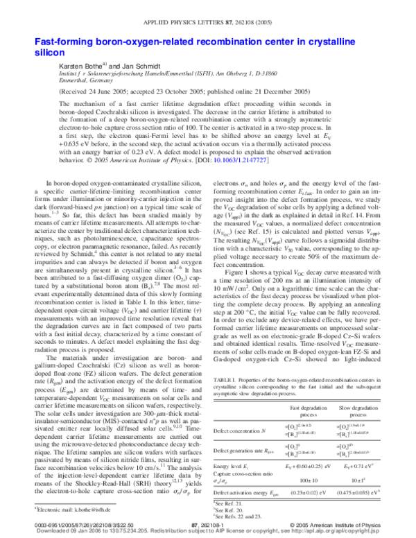 (PDF) Fast-forming boron-oxygen-related recombination center in ...