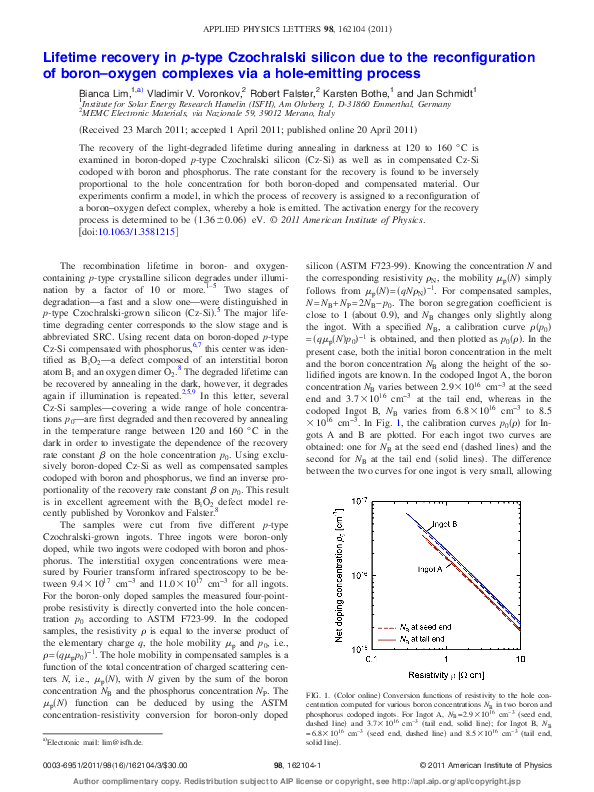 (PDF) The Nature of Lifetime-Degrading Boron-Oxygen Centres Revealed by ...