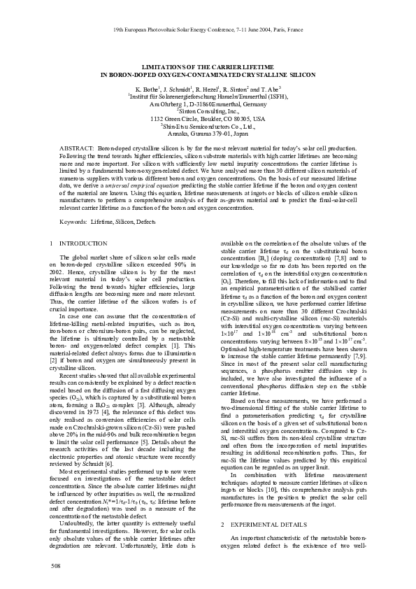 (PDF) Limitations of the carrier lifetime in boron-doped oxygen ...