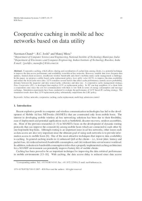 Pdf Cooperative Caching In Mobile Ad Hoc Networks Based On Data Utility