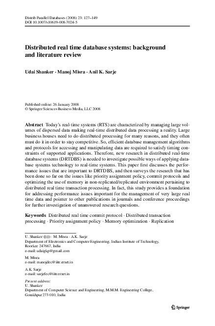 (PDF) Distributed real time database systems: background and literature review