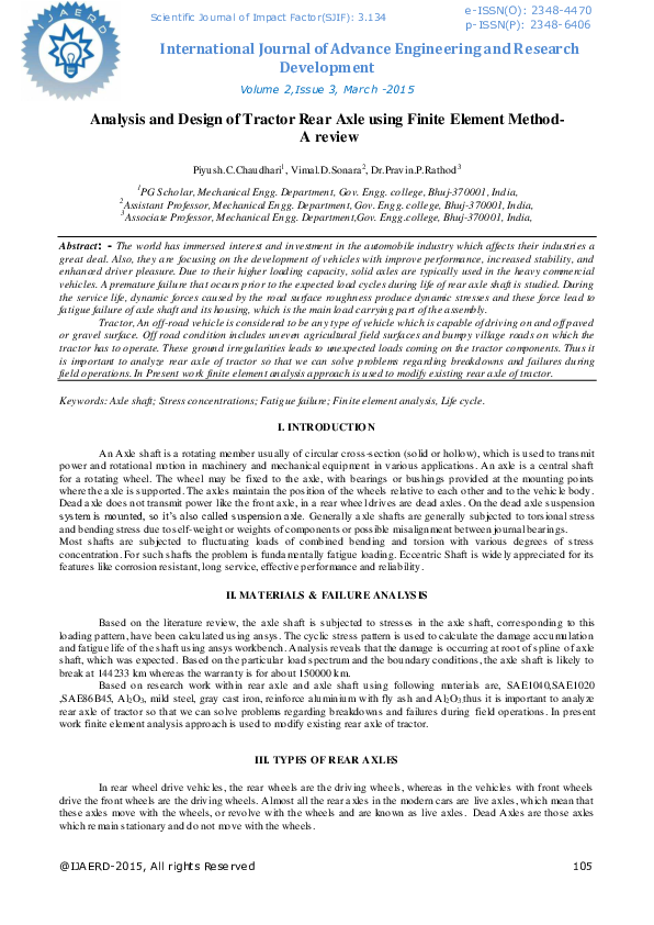 (PDF) Analysis and Design of Tractor Rear Axle using Finite Element Method- A review