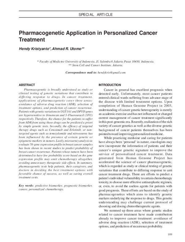(PDF) Pharmacogenetic application in personalized cancer treatment