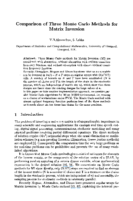 (PDF) Comparison of Three Monte Carlo Methods for Matrix Inversion