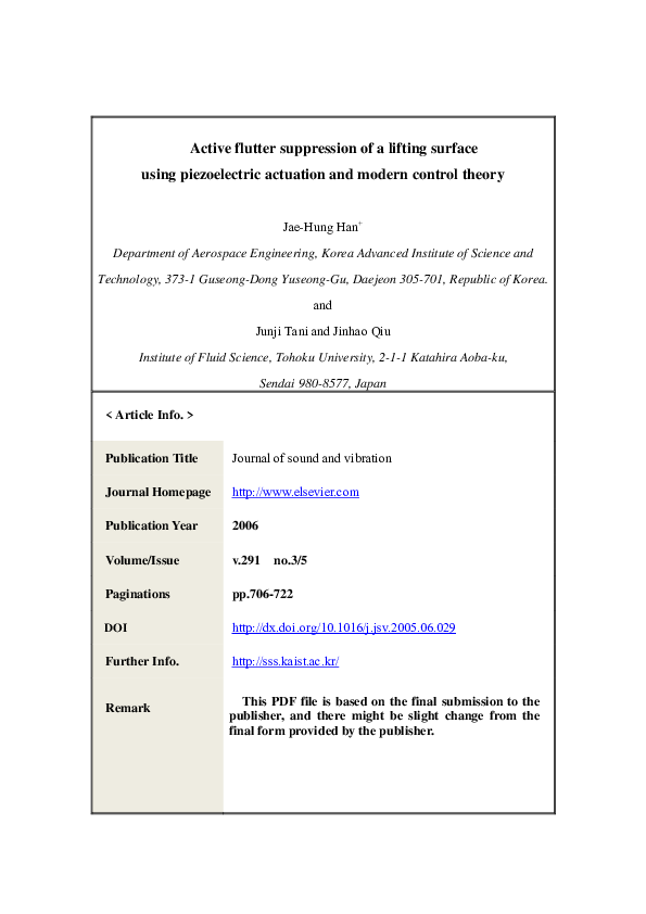 (PDF) Active flutter suppression of a lifting surface using piezoelectric actuation and modern ...