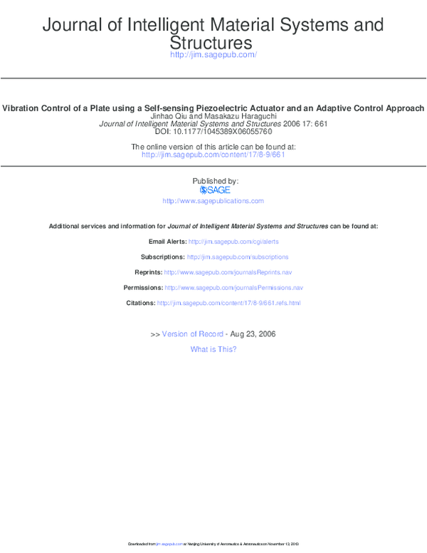 Pdf Vibration Control Of A Plate Using A Self Sensing Piezoelectric Actuator And An Adaptive
