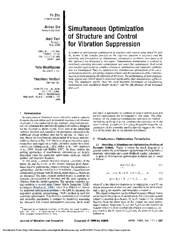 Pdf Simultaneous Optimization Of Structure And Control For Vibration Suppression