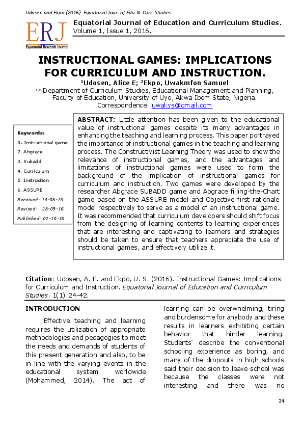 Pdf Instructional Games Implications For Curriculum And Instruction