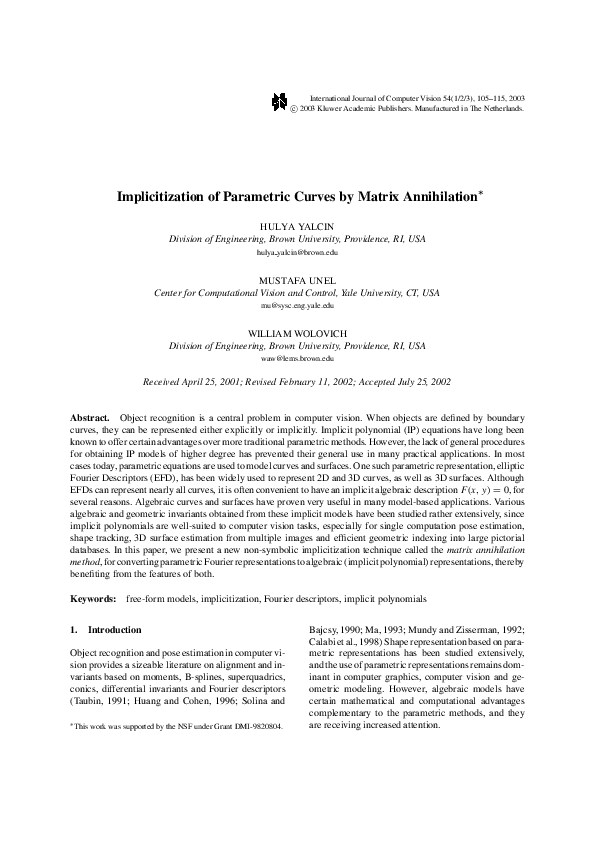 (PDF) Implicitization of parametric curves by matrix annihilation