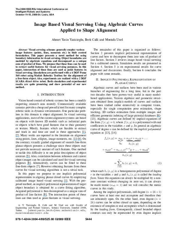 (PDF) Image based visual servoing using algebraic curves applied to shape alignment