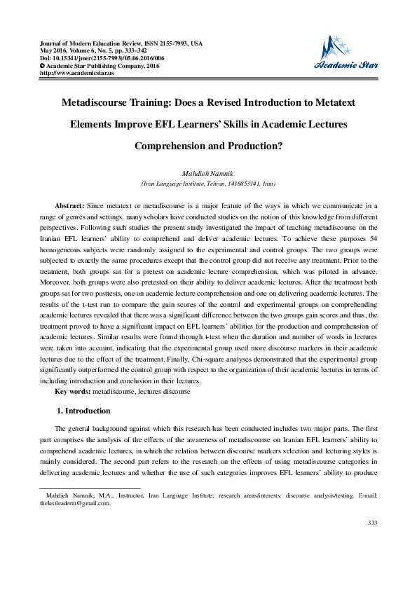 (PDF) Metadiscourse Training: Does a Revised Introduction to Metatext Elements Improve EFL ...
