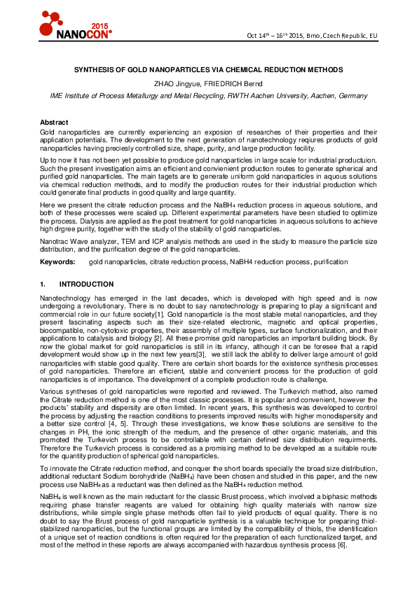 (PDF) SYNTHESIS OF GOLD NANOPARTICLES VIA CHEMICAL REDUCTION METHODS