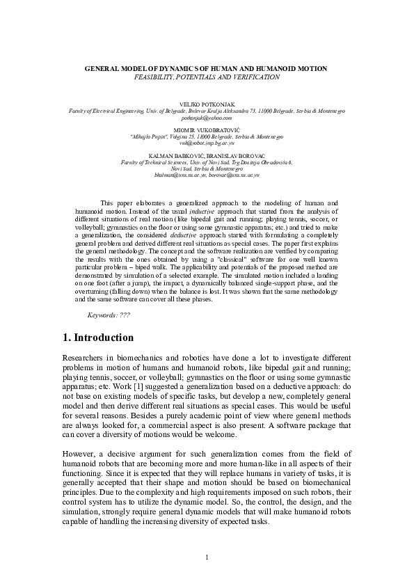 (DOC) General Model of Dynamics of Human and Humanoid Motion ...