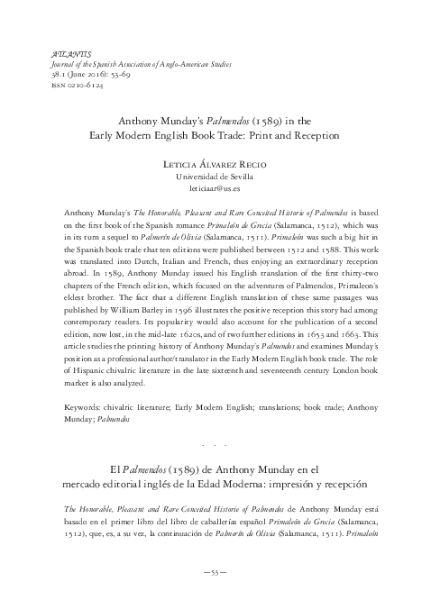 (PDF) Anthony Munday's Palmendos (1589) in the Early Modern Book Trade ...