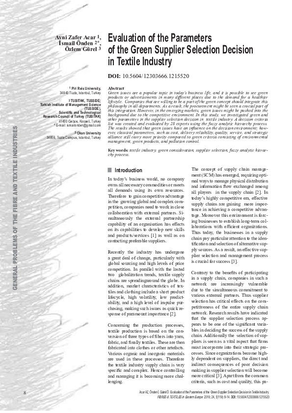 Pdf Evaluation Of The Parameters Of The Green Supplier Selection Decision In Textile Industry
