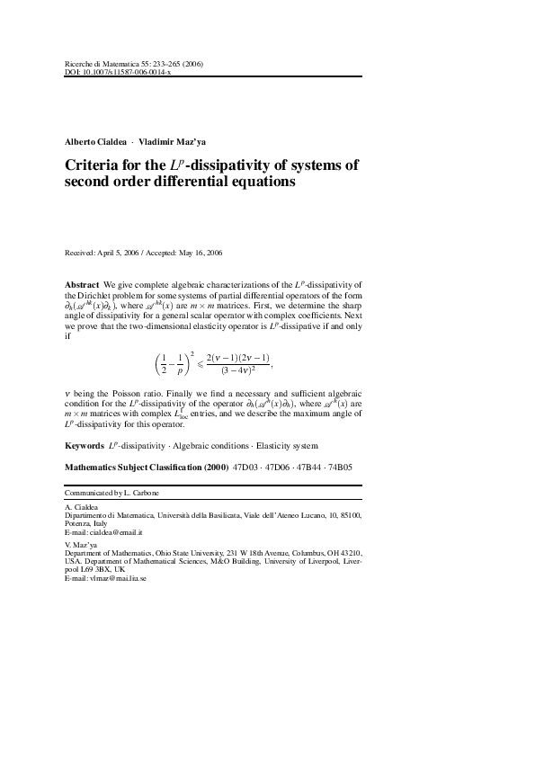 (PDF) Criteria for the L p -dissipativity of systems of second order differential equations