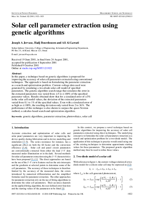 Pdf Solar Cell Parameter Extraction Using Genetic Algorithms