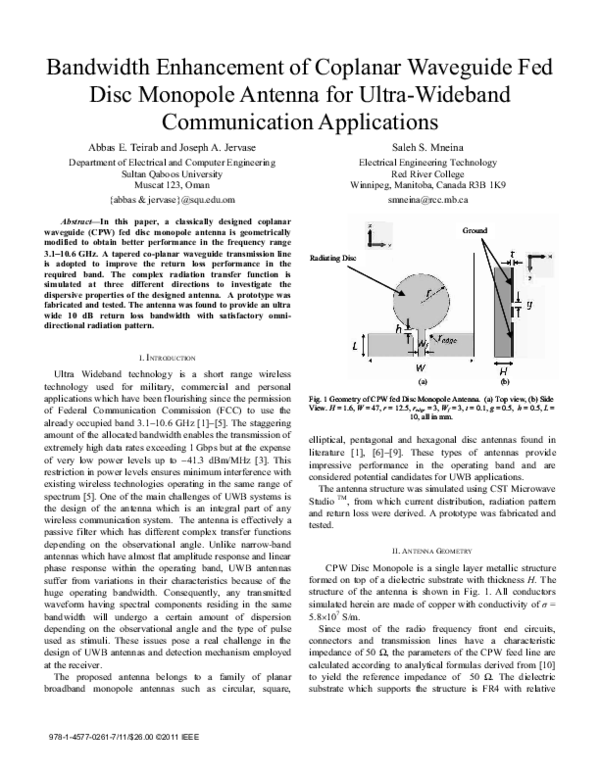 (PDF) Bandwidth enhancement of coplanar waveguide fed disc monopole ...