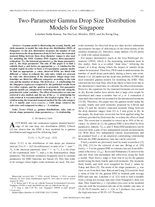 (PDF) Two-Parameter Gamma Drop Size Distribution Models for Singapore