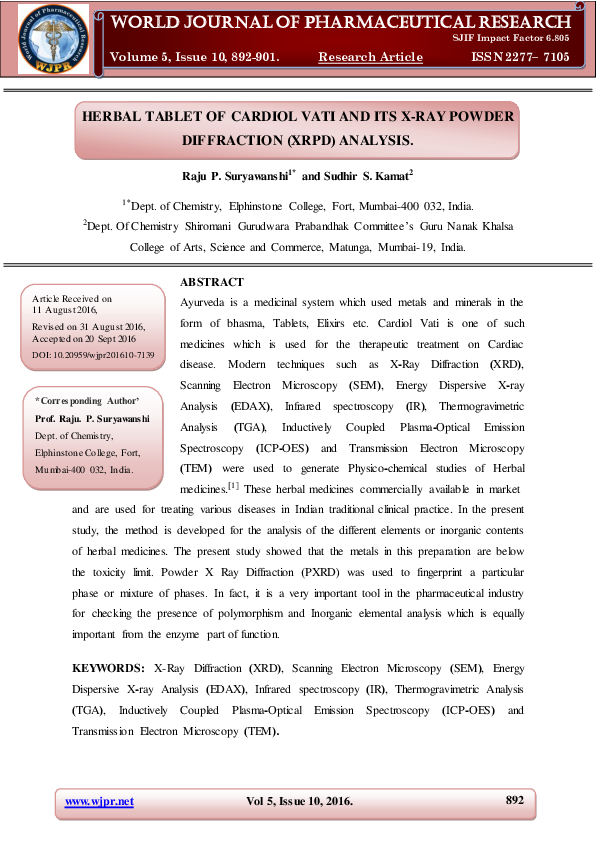 (PDF) HERBAL TABLET OF CARDIOL VATI AND ITS X-RAY POWDER DIFFRACTION ...