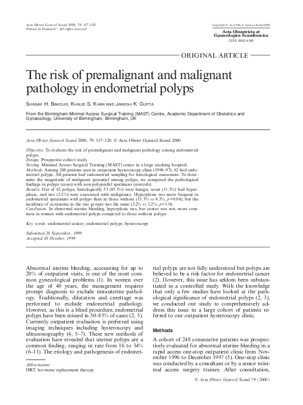 (PDF) The Risk of Premalignant and Malignant Pathology in Endometrial ...