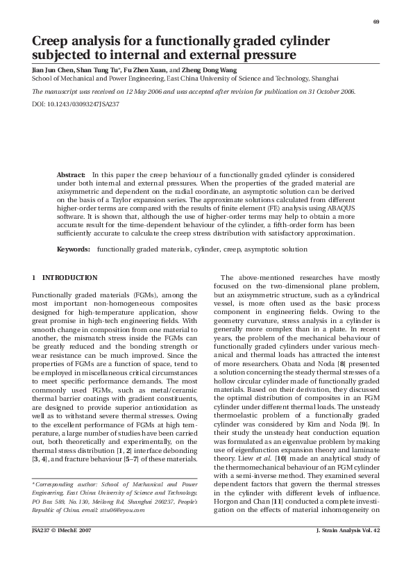 Pdf Creep Analysis For A Functionally Graded Cylinder Subjected To Internal And External Pressure