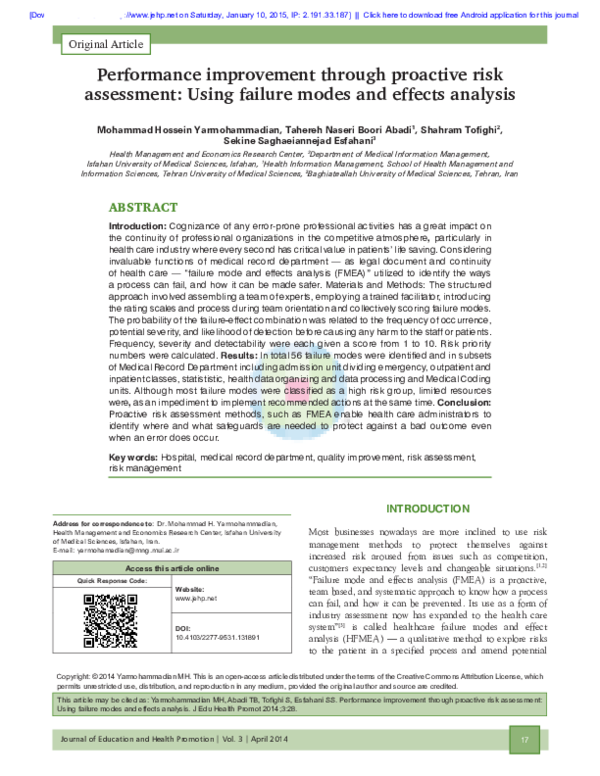 (PDF) Performance improvement through proactive risk assessment: Using ...