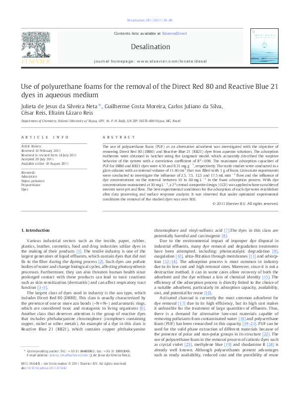 (PDF) Use of polyurethane foams for the removal of the Direct Red 80 ...