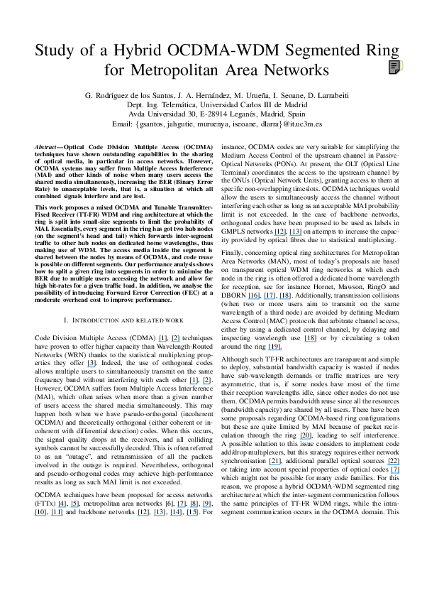(PDF) Study of a hybrid OCDMA-WDM segmented ring for metropolitan area networks