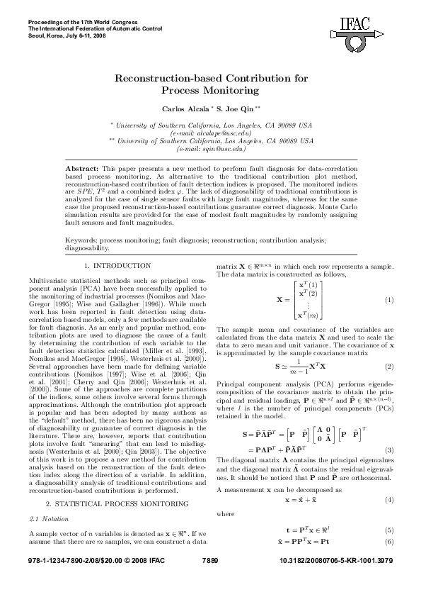 Pdf Reconstruction Based Contribution For Process Monitoring With Kernel Principal Component