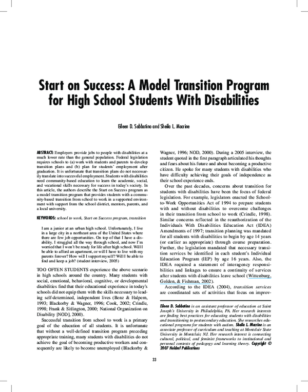 (PDF) Start on Success: A Model Transition Program for High School ...