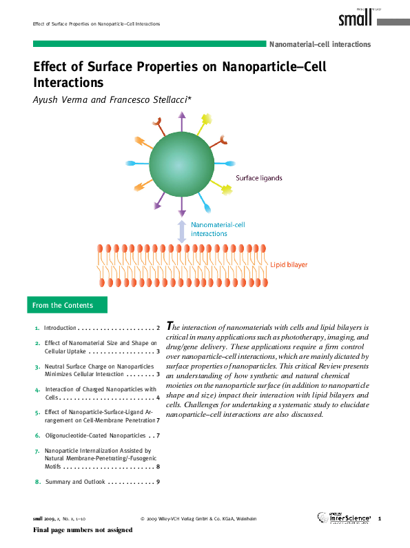 (PDF) Effect of Surface Properties on Nanoparticleâ Cell Interactions