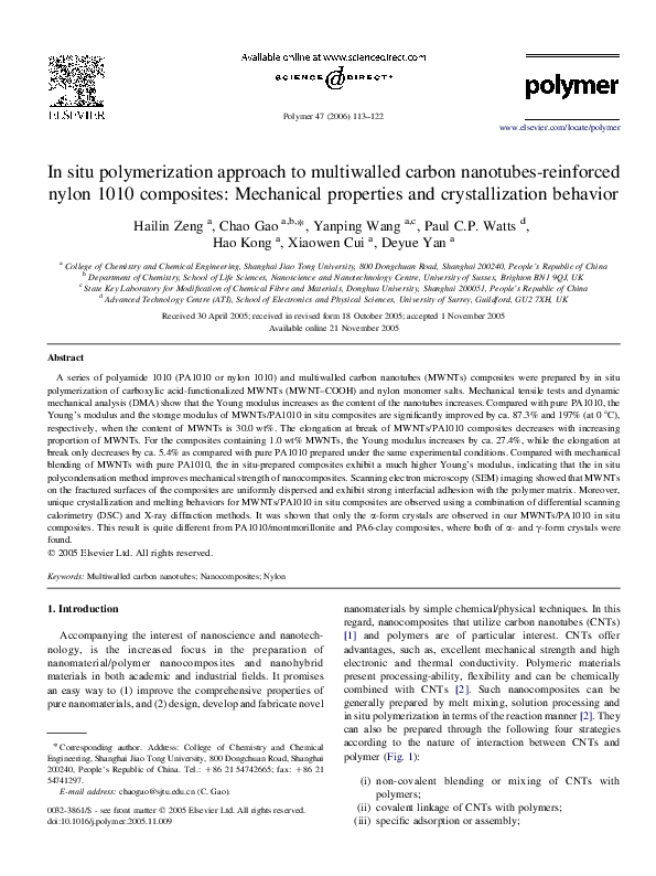 (PDF) In situ polymerization approach to multiwalled carbon nanotubes-reinforced nylon 1010 ...