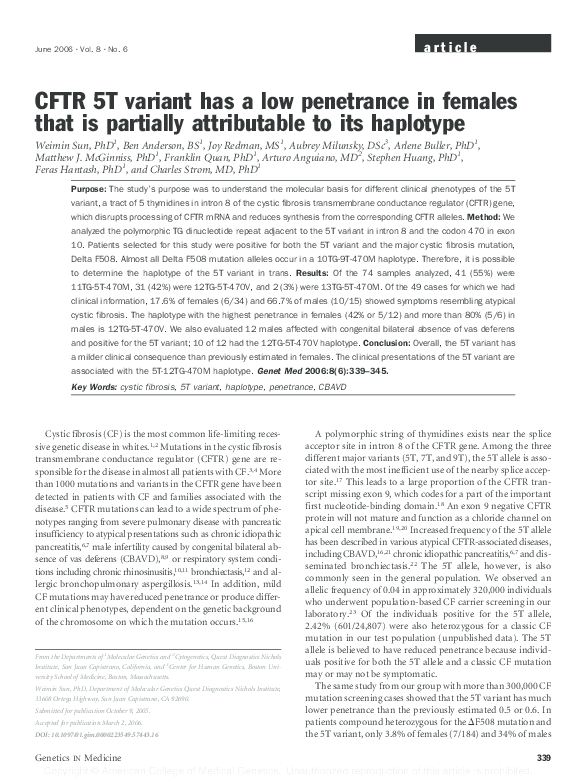 (PDF) CFTR 5T variant has a low penetrance in females that is partially ...